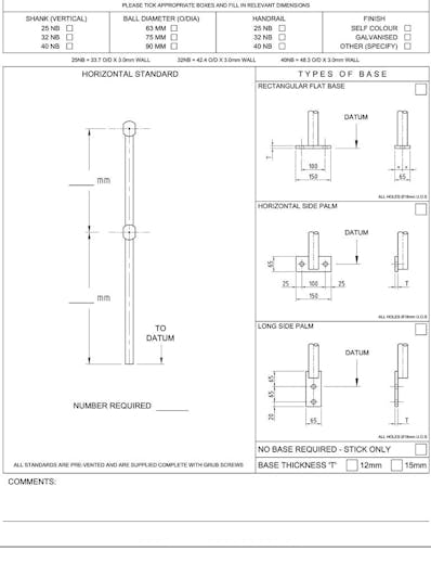 Handrail tubular standards for mezzanines, walkways and platforms
